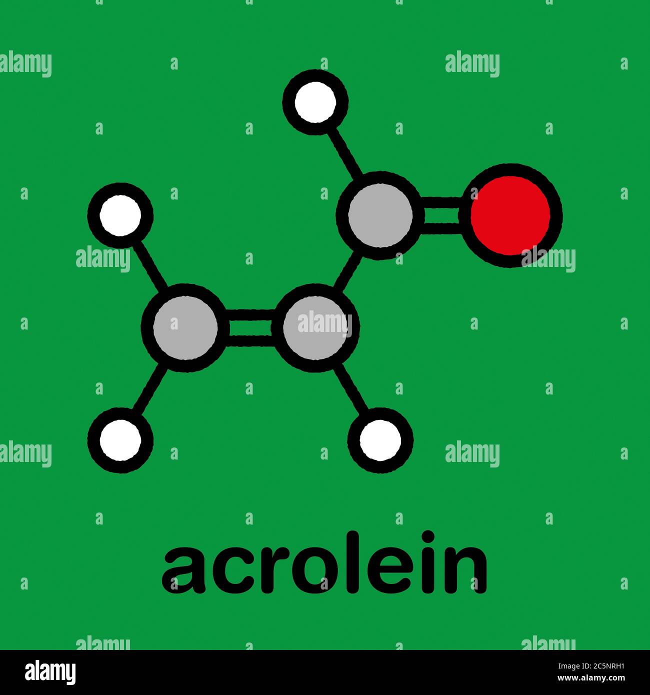 Acrolein (propenal) molecule. Toxic molecule that is formed when fat or ...