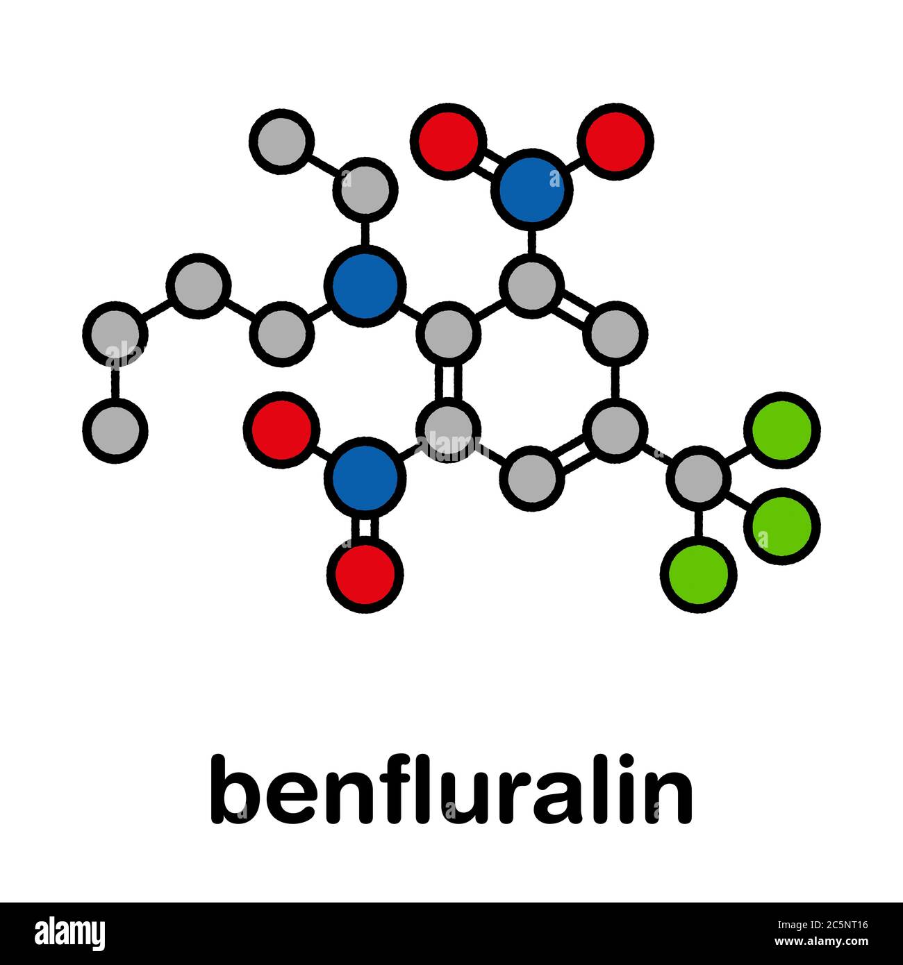 Benfluralin herbicide molecule. Stylized skeletal formula (chemical structure): Atoms are shown ...