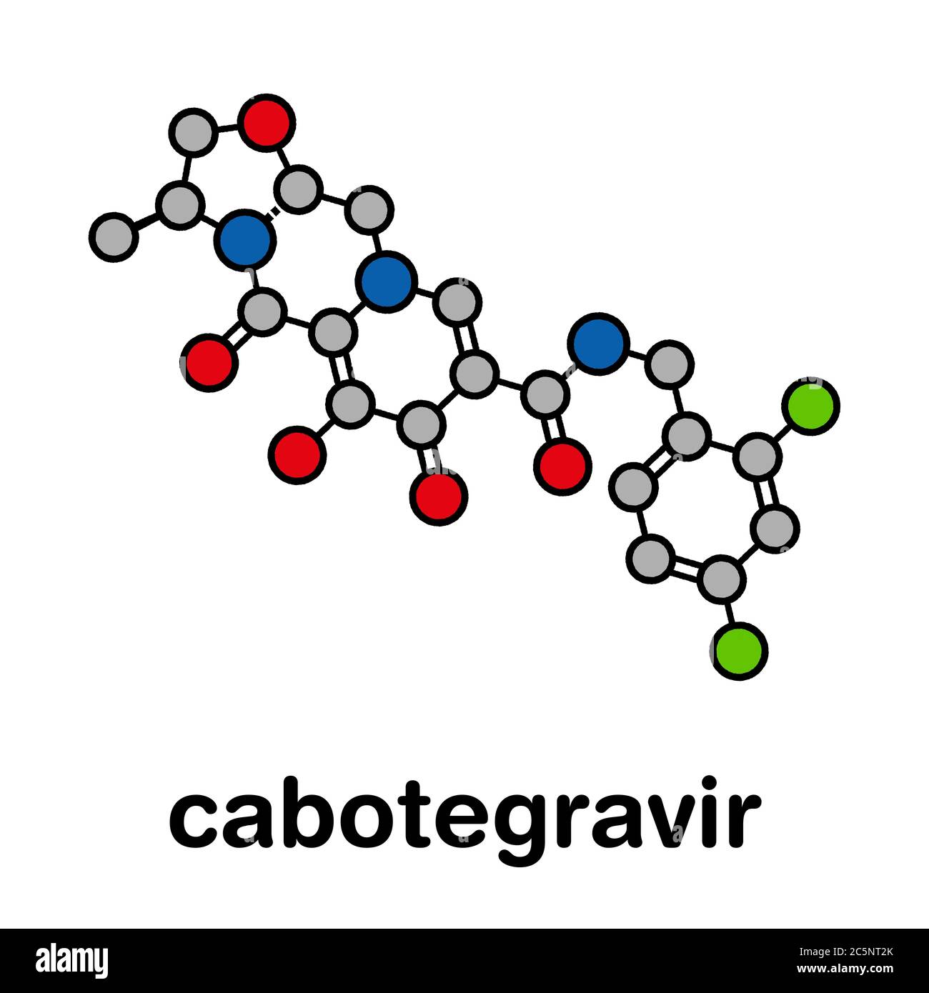 Cabotegravir HIV drug molecule (integrase inhibitor). Stylized skeletal ...