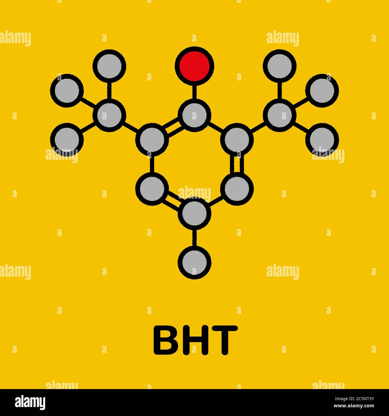Butylated hydroxytoluene (BHT) antioxidant molecule. Stylized skeletal ...