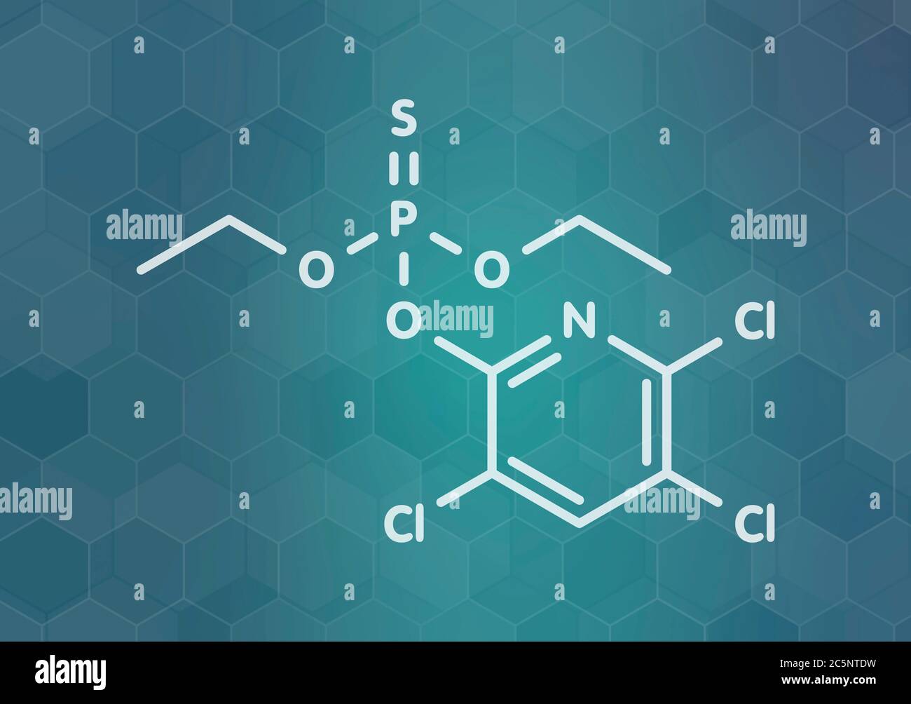 Chlorpyrifos organophosphate pesticide molecule. Toxic and carcinogenic ...