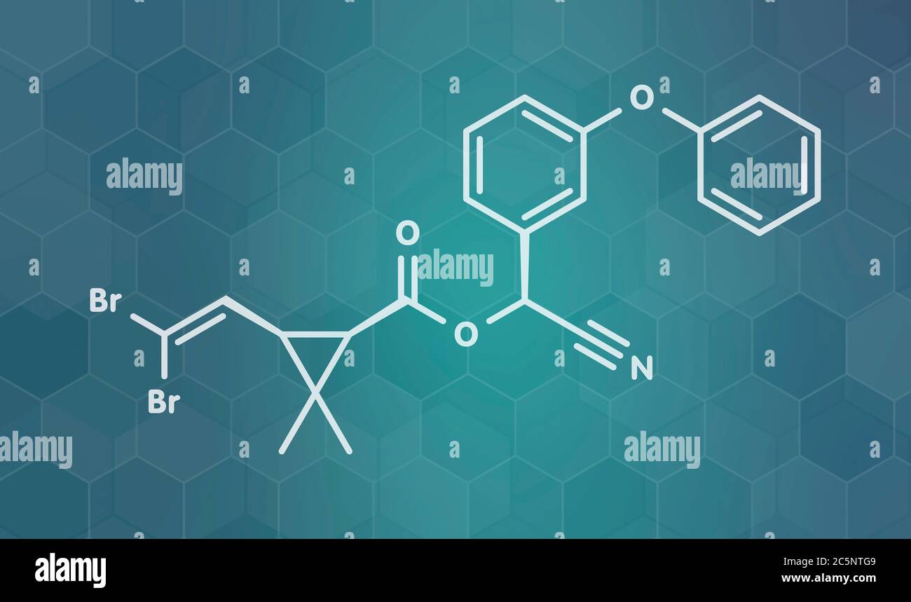Deltamethrin insecticide molecule (synthetic pyrethroid). Skeletal ...