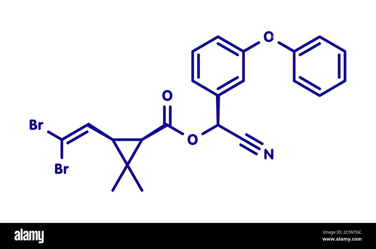 Deltamethrin insecticide molecule (synthetic pyrethroid). Skeletal ...