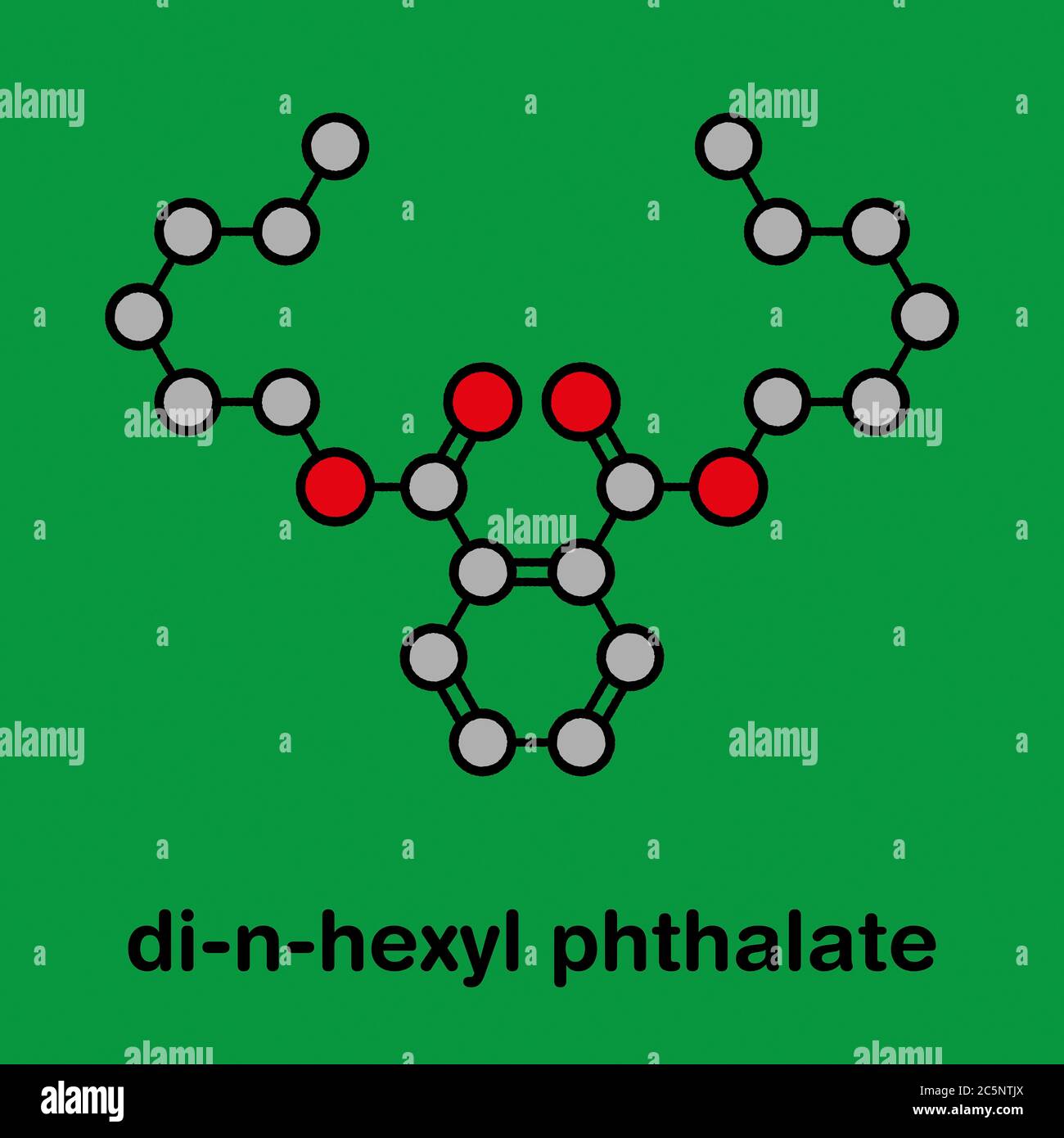 Di-n-hexyl phthalate (DNHP) plasticizer molecule. Stylized skeletal ...