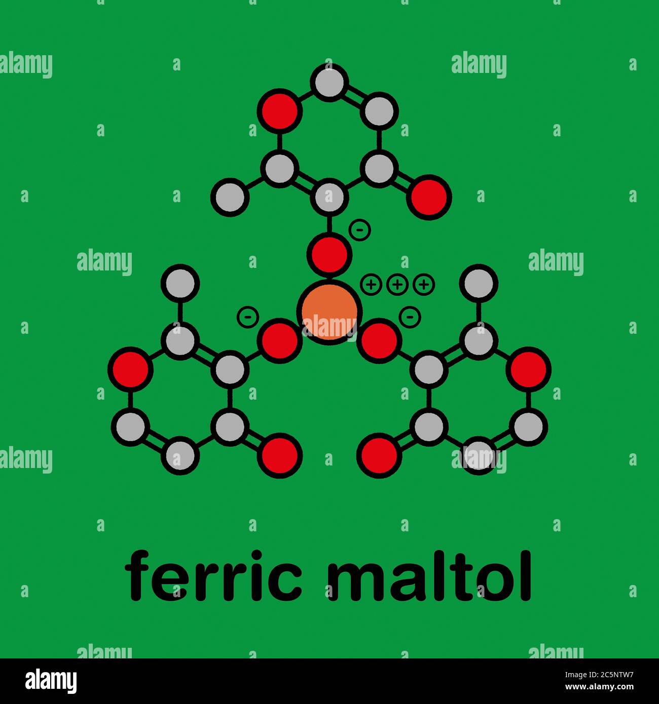 Ferric maltol iron deficiency drug molecule. Stylized skeletal formula ...
