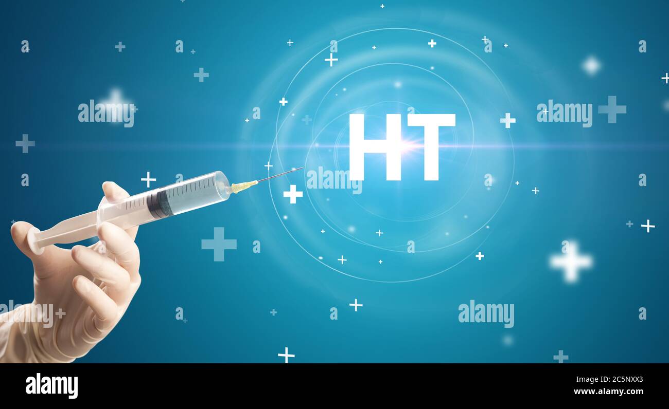 Syringe needle with virus vaccine and HT abbreviation, antidote concept ...