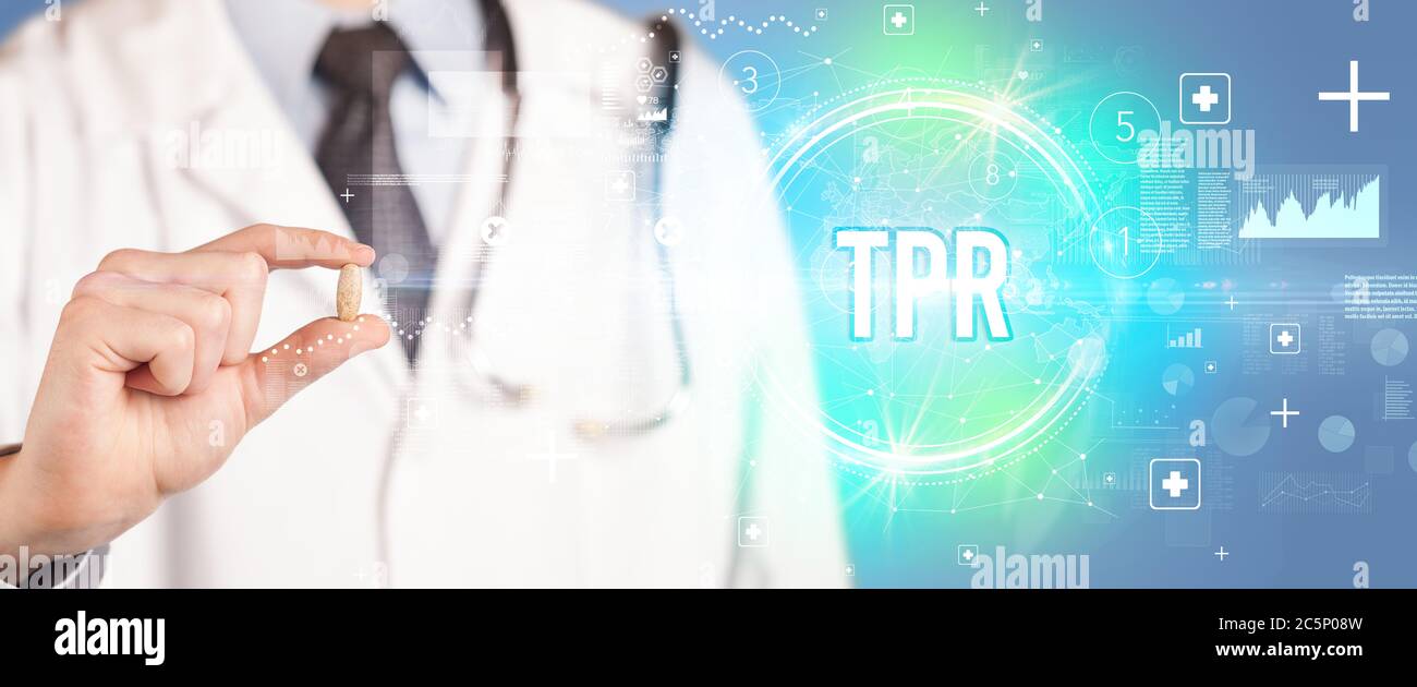 Close-up of a doctor giving you a pill with TPR abbreviation, virology ...