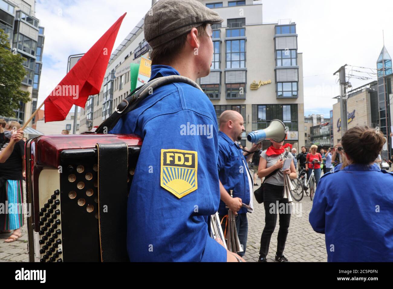 Jena, Germany. 04th July, 2020. Participants of a demonstration of the Free German Youth (FDJ ...