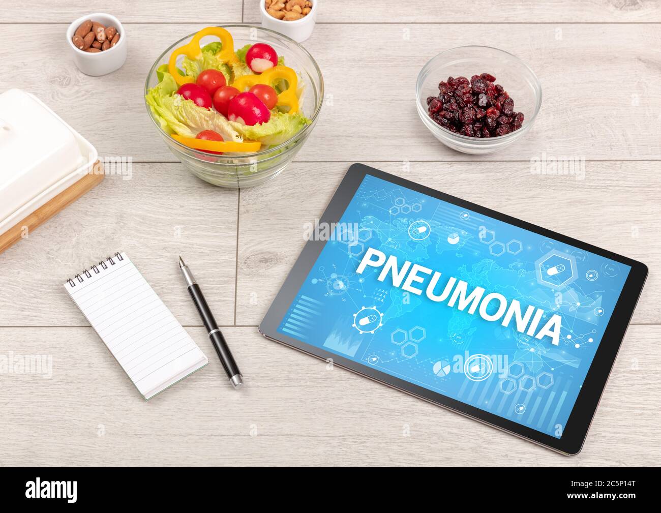 Healthy Tablet Pc compostion with PNEUMONIA inscription, immune system ...