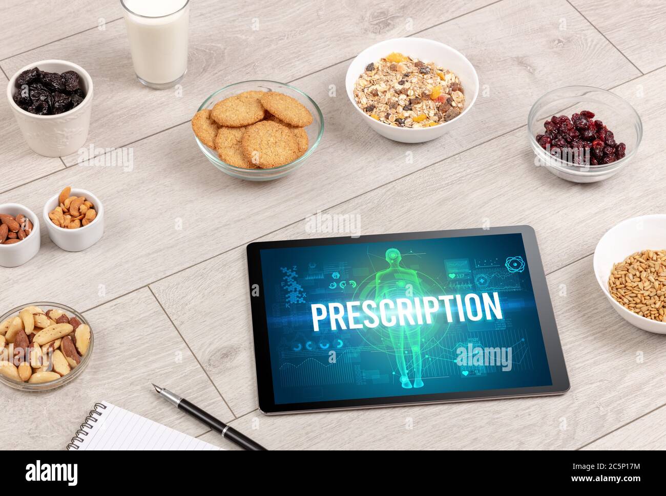 PRESCRIPTION concept in tablet with fruits, top view Stock Photo - Alamy