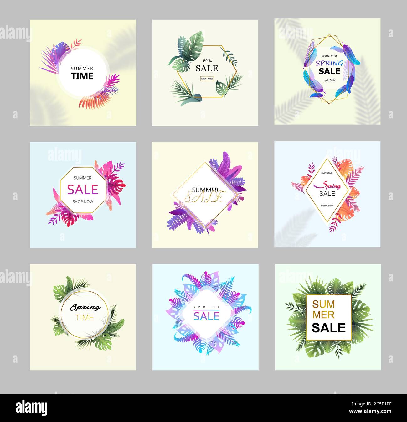 Flower sale banner set. Natural template in decorations from tropical ...