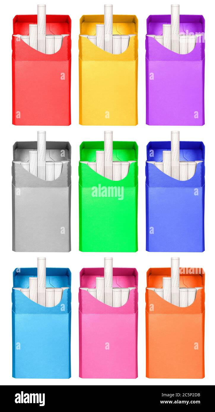 Opened colorful cigarettes pack boxes isolated on white. Ready for your ...