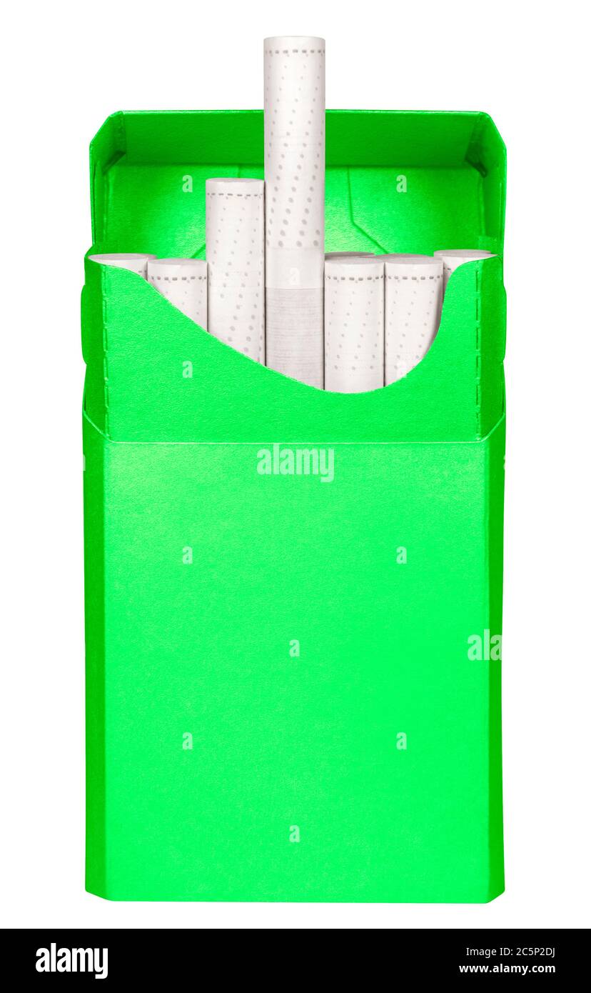 Opened green cigarettes pack box isolated on white. Clipping path ...