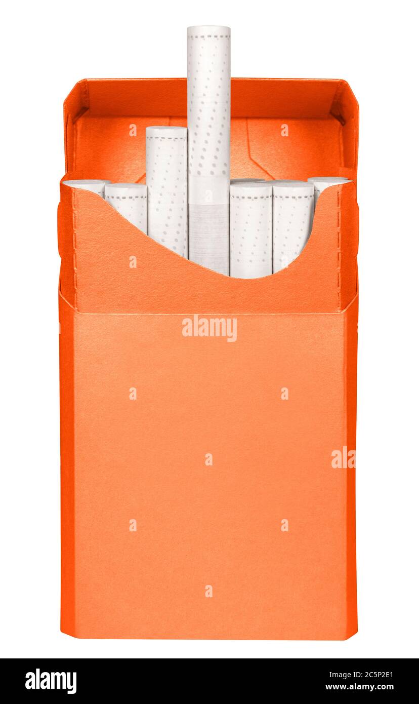 Opened orange cigarettes pack box isolated on white. Clipping path ...