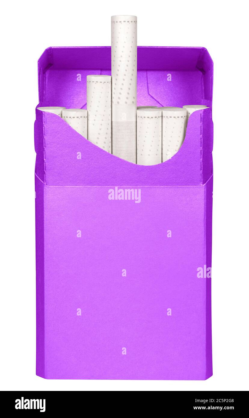 Opened violet cigarettes pack box isolated on white. Clipping path ...