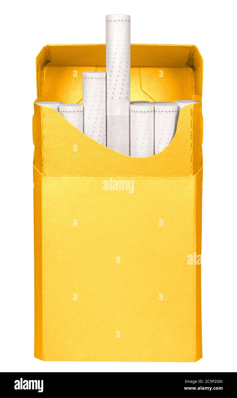 Opened yellow cigarettes pack box isolated on white. Clipping path ...
