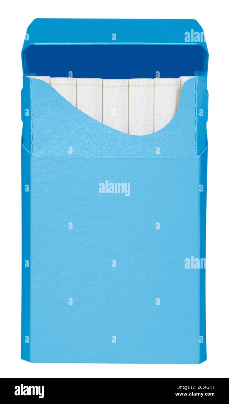 Opened light blue cigarettes pack box isolated on white. Clipping path ...