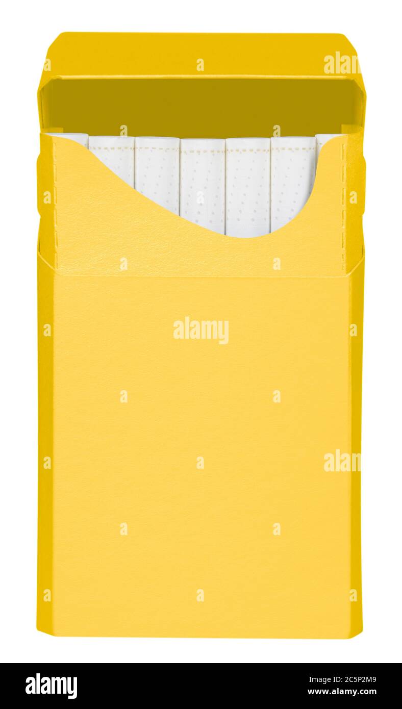 Opened light yellow cigarettes pack box isolated on white. Clipping ...