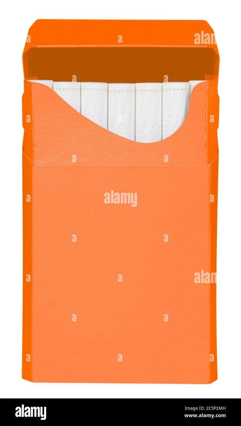 Opened orange cigarettes pack box isolated on white. Clipping path ...
