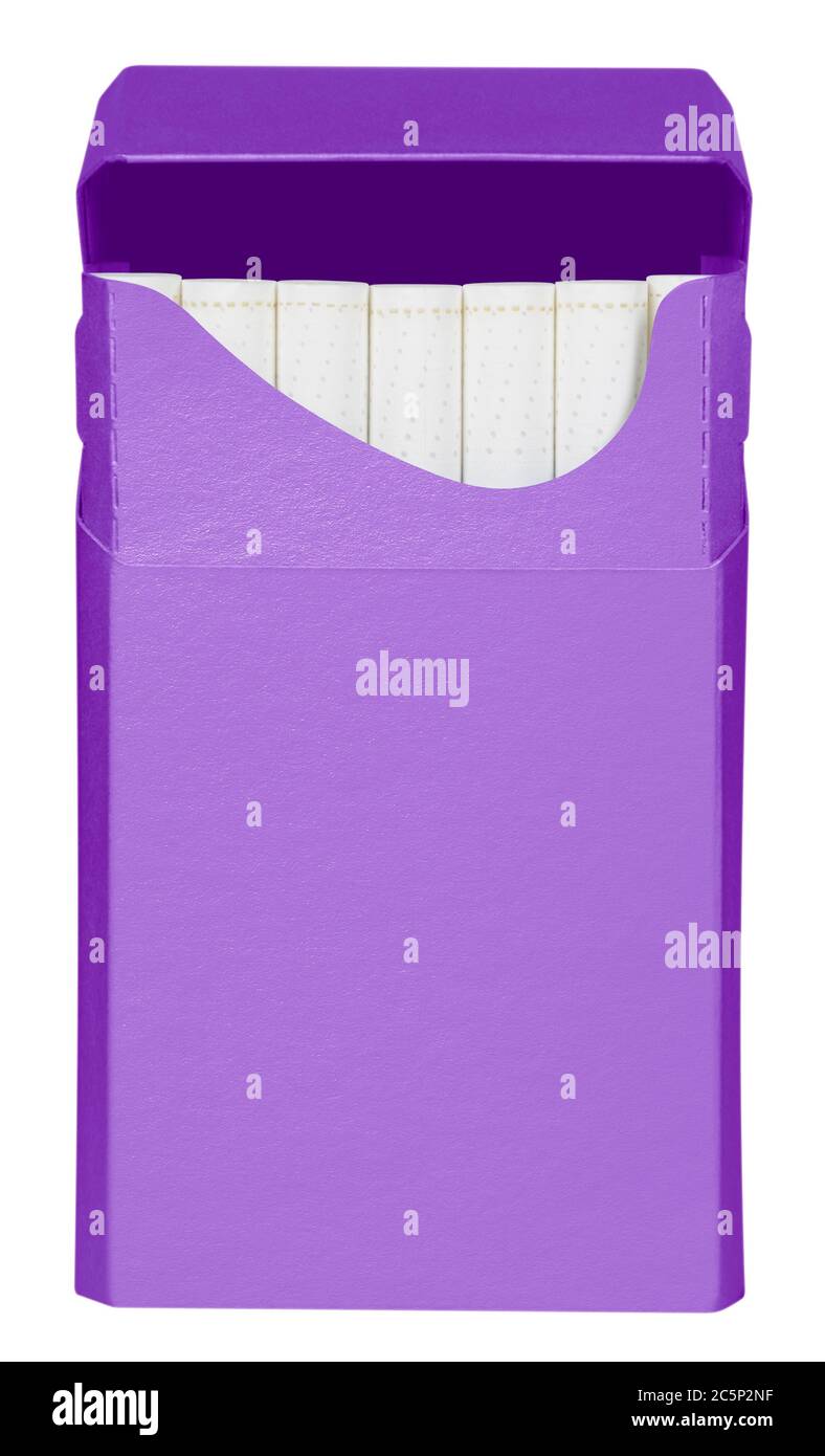 Opened violet cigarettes pack box isolated on white. Clipping path ...