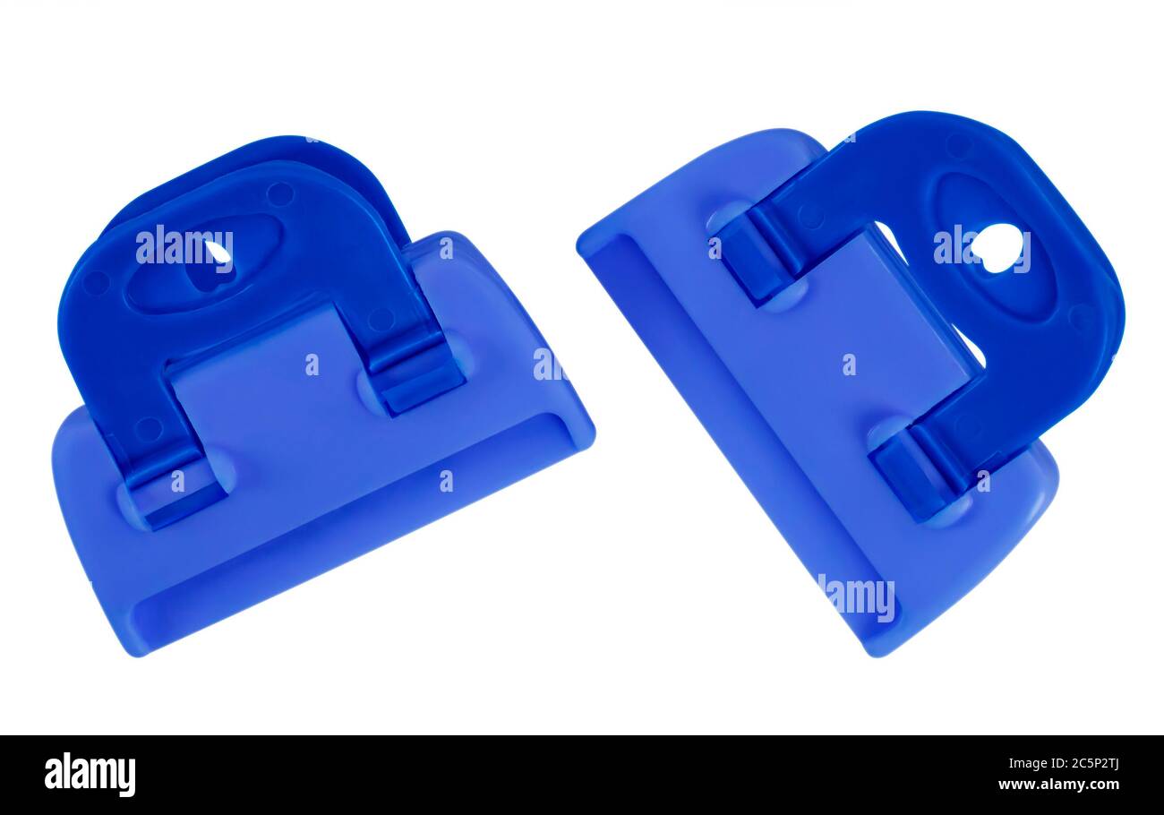 Blue plastic clamps isolated on white background. Clipping path ...