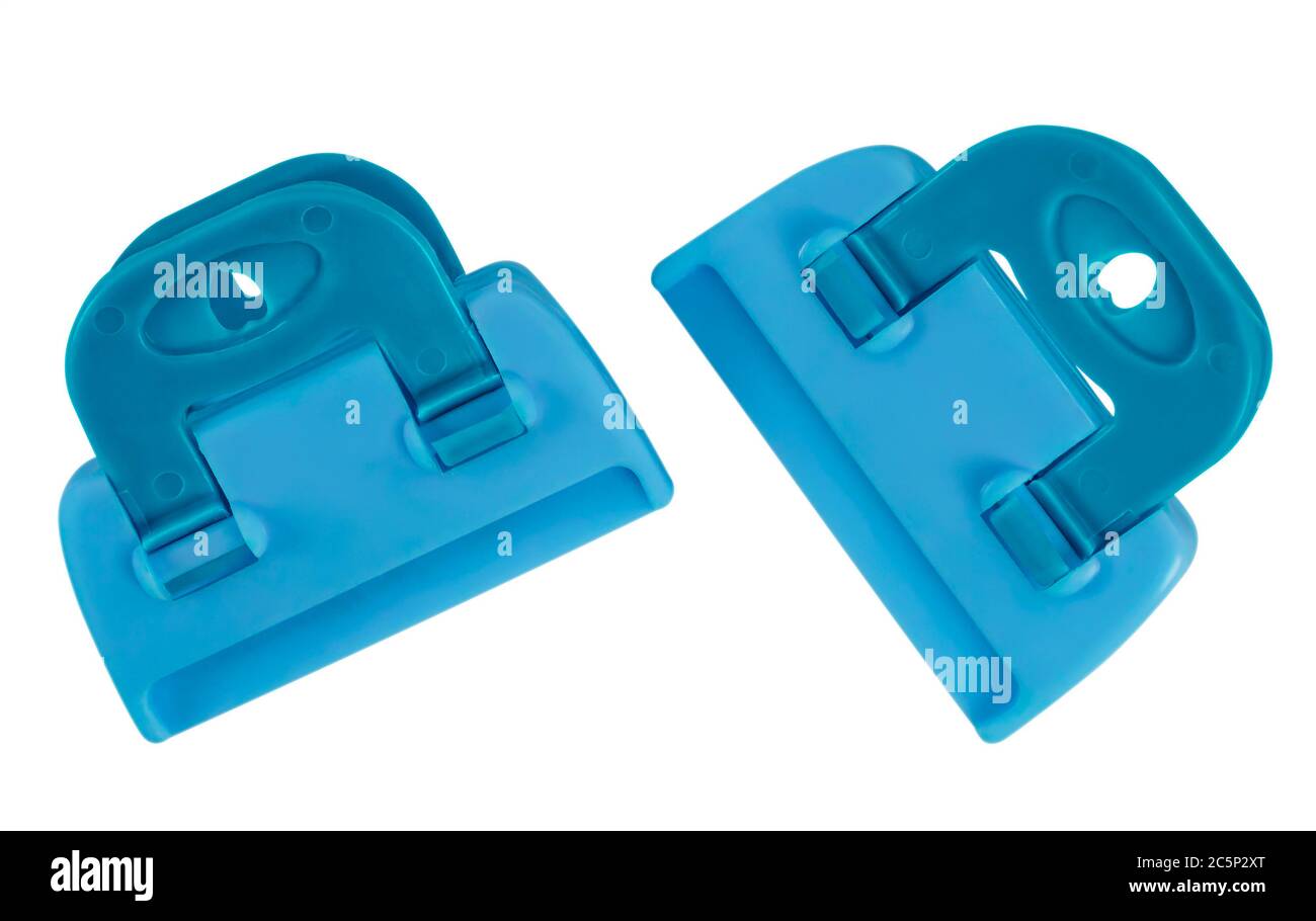 Light Blue plastic clamps isolated on white background. Clipping path ...