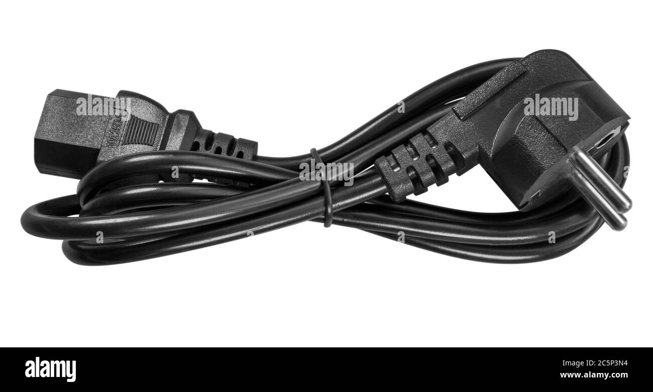 Black power cable with plug and socket isolated on white. Clipping path ...