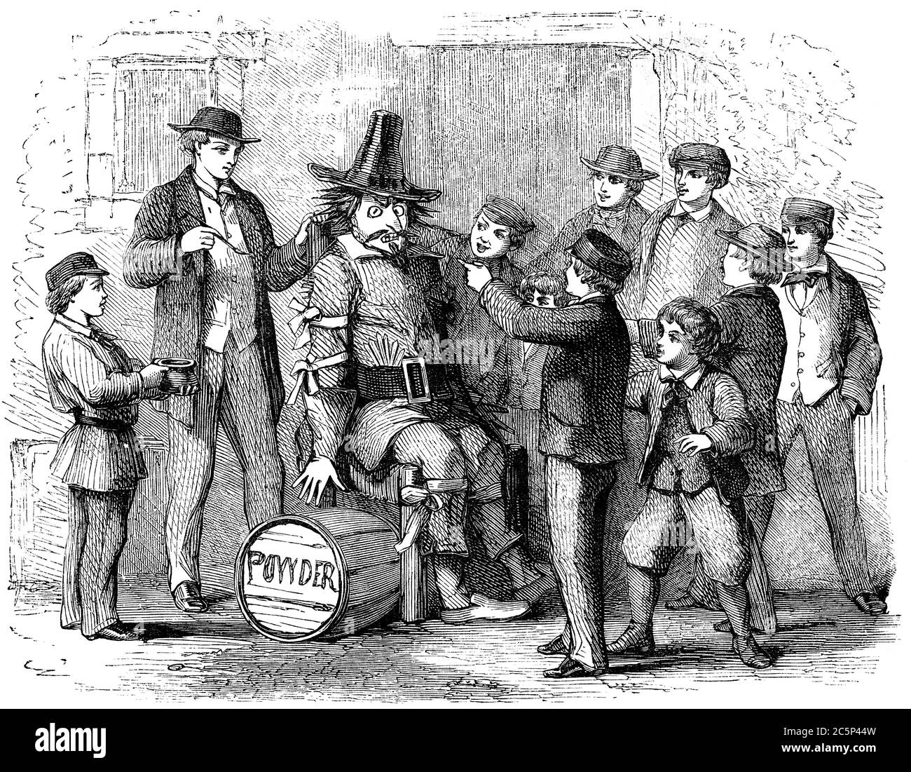 An engraved illustration image of boys with a guy Fawkes dummy ...