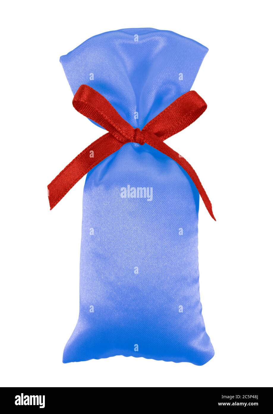 Gift silk light blue pouch with red bow isolated on white. Clipping ...
