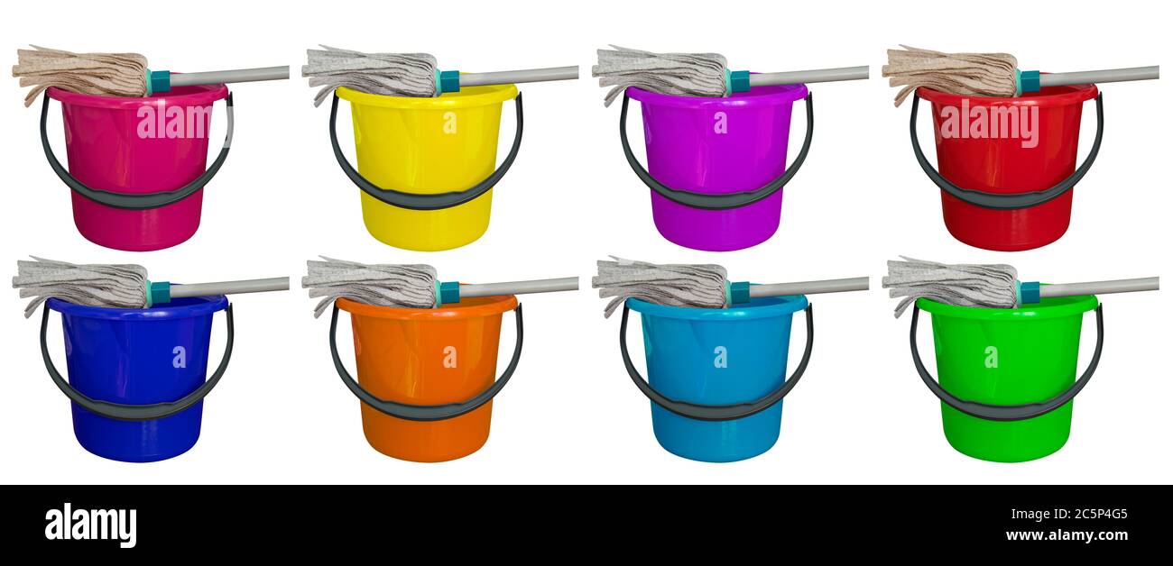 Colorful buckets with cleaning mop isolated on a white background Stock ...