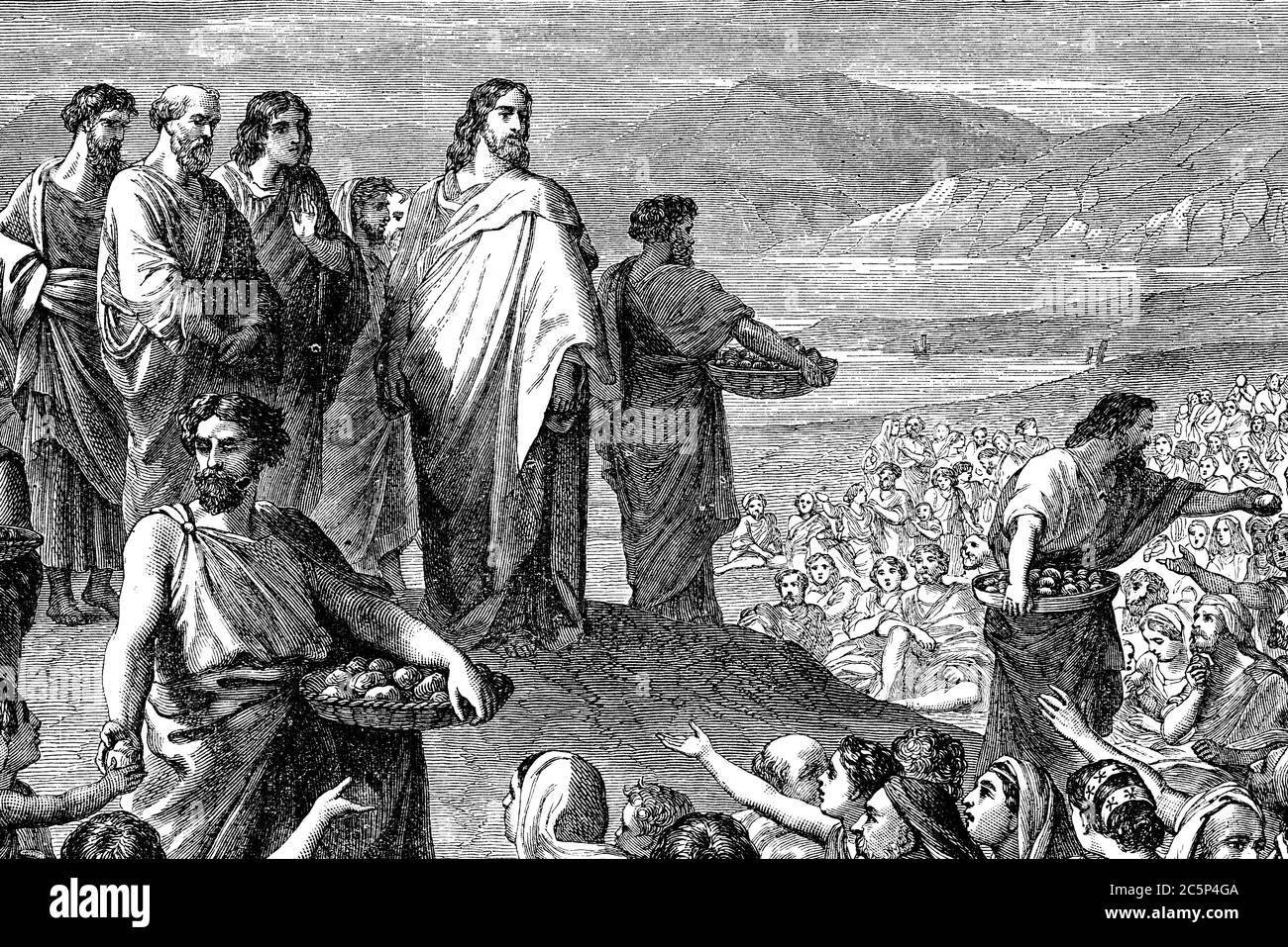 An engraved vintage illustration image of Jesus Feeding of the ...