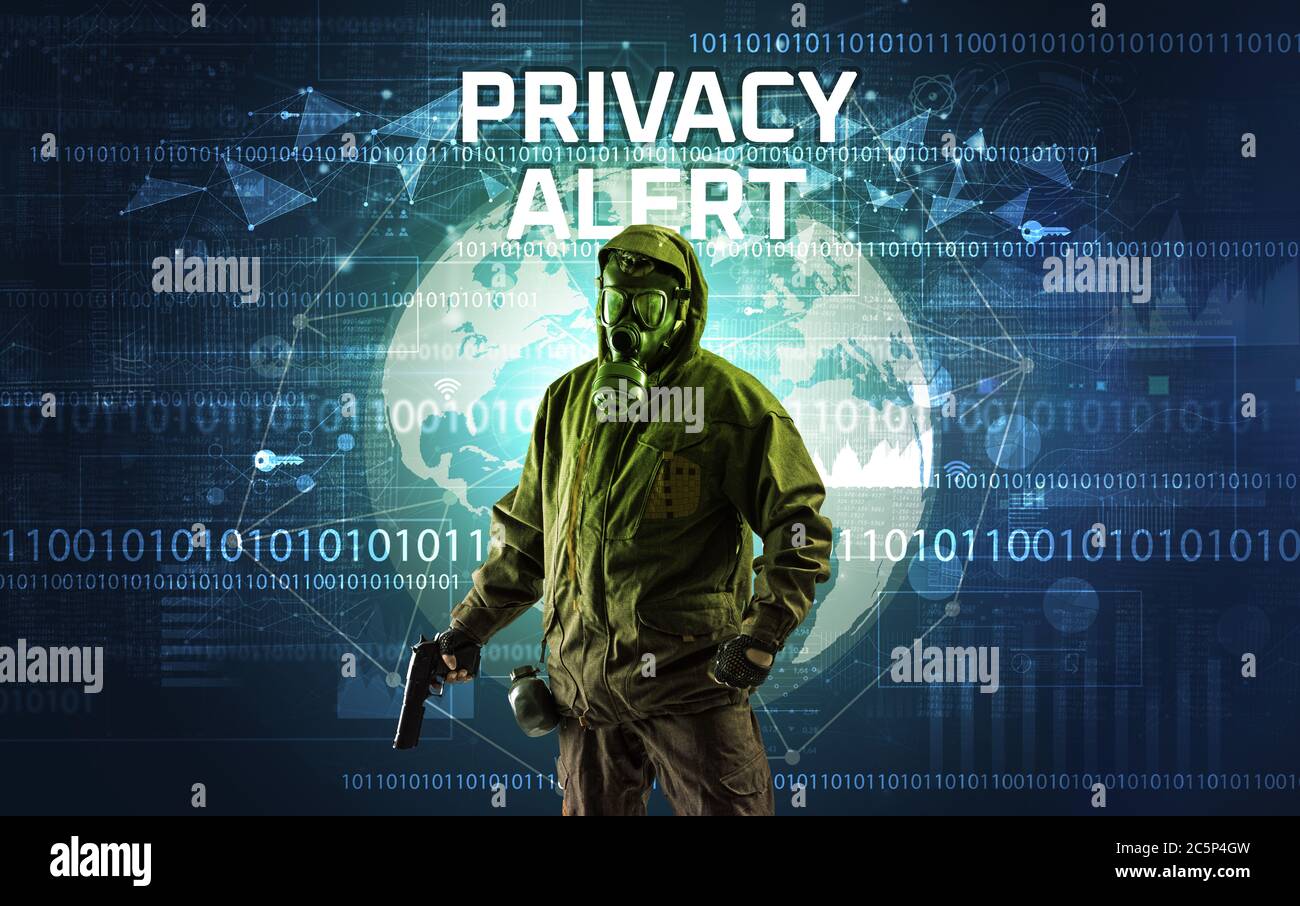 Faceless hacker at work with PRIVACY ALERT inscription, Computer ...