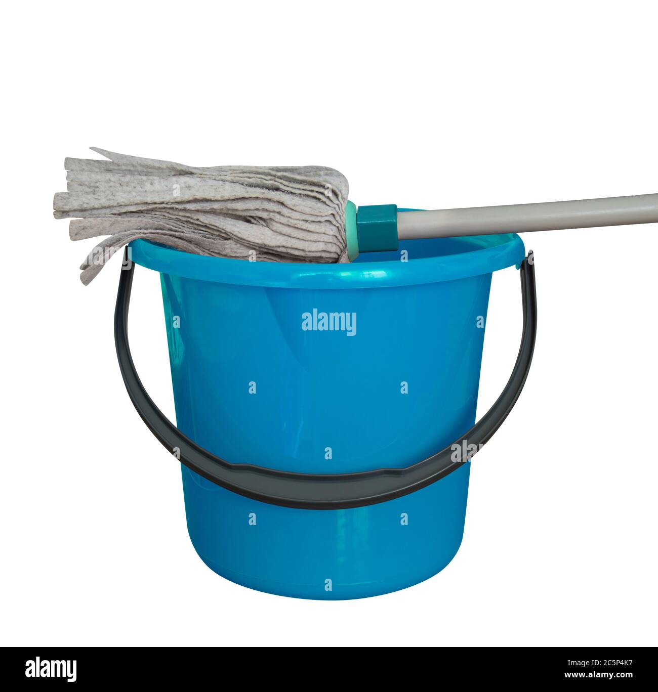 Light blue bucket with cleaning mop isolated on a white background ...