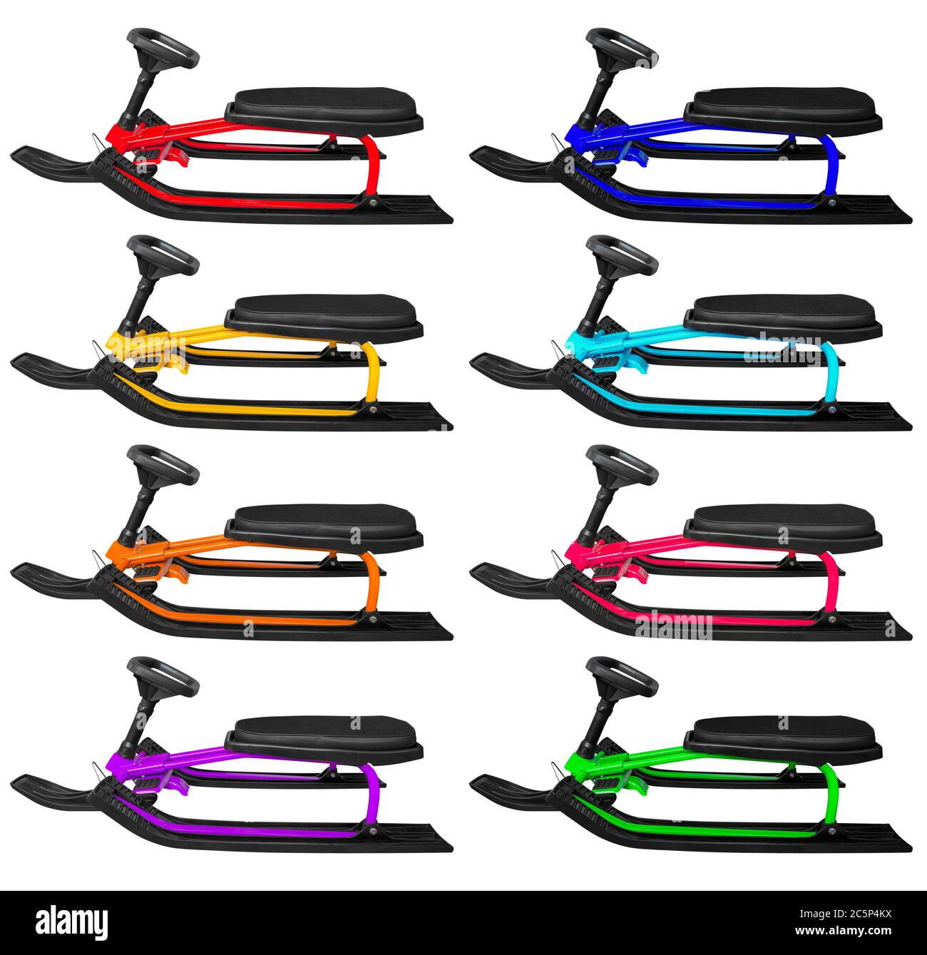 Colorful snow sledges isolated on white background Stock Photo - Alamy