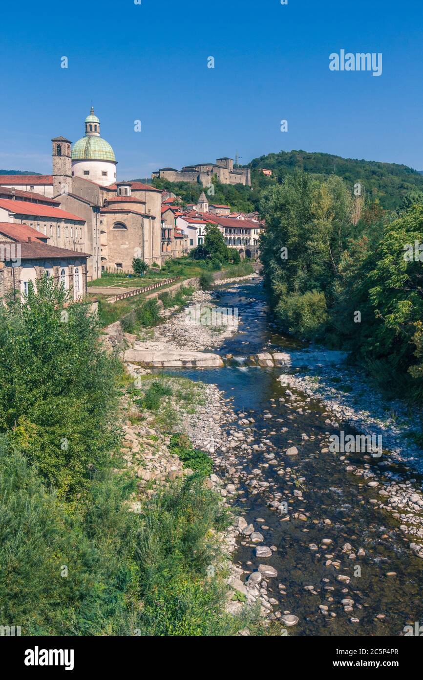 Tuscan village of Pontremoli with the Magra river in the forefront and ...