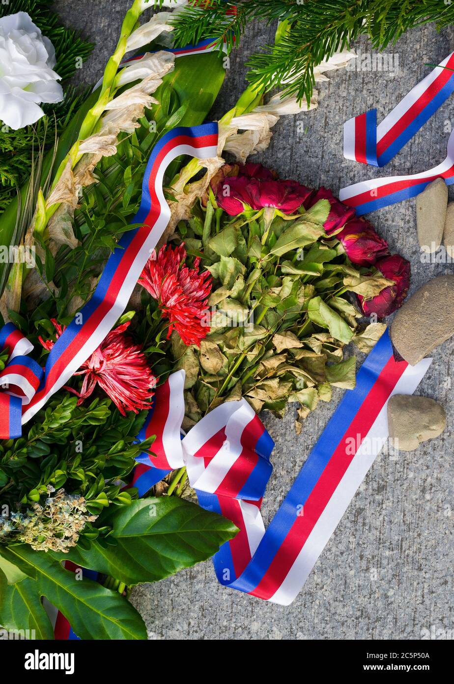 Flat lay - Detail of bouquet with ribbon. Pan-slavic colors on tricolor ...