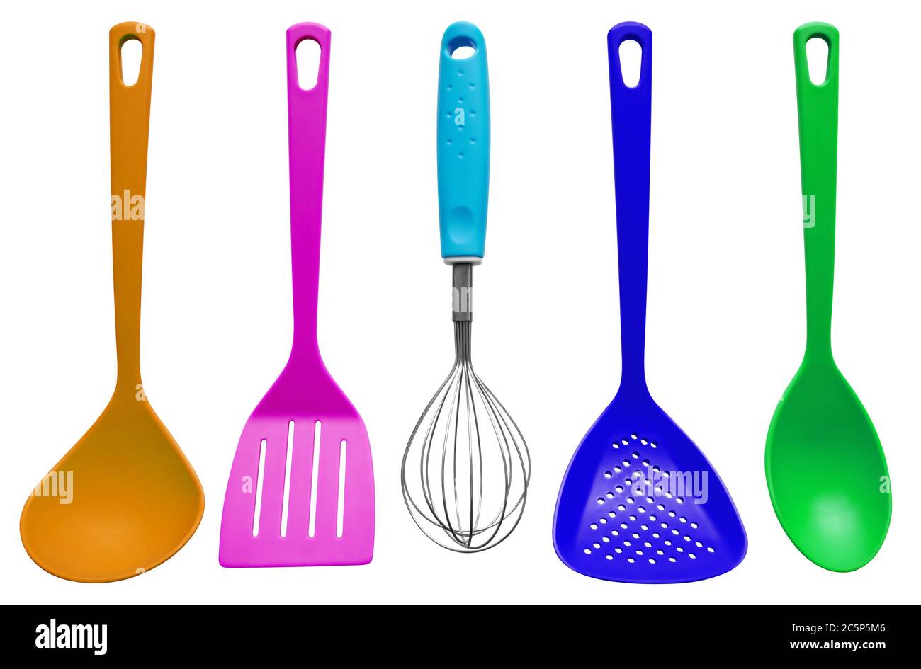 Colorful plastic kitchen utensils isolated on white. Clipping path ...