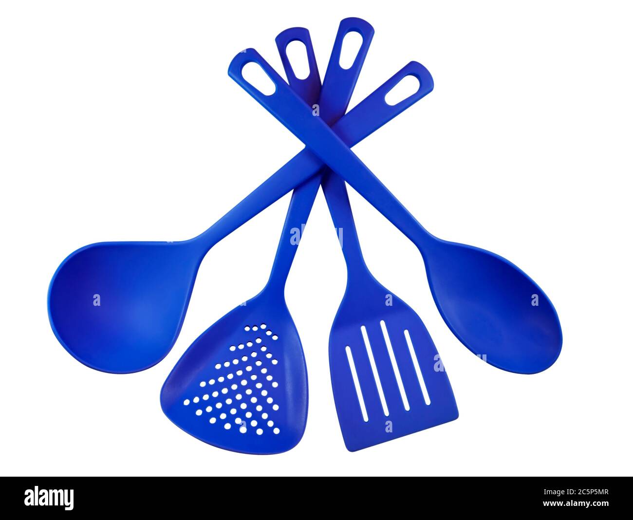 Dark blue plastic kitchen utensils isolated on white. Clipping path ...