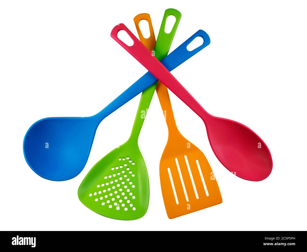 Colorful plastic kitchen utensils isolated on white. Clipping path ...