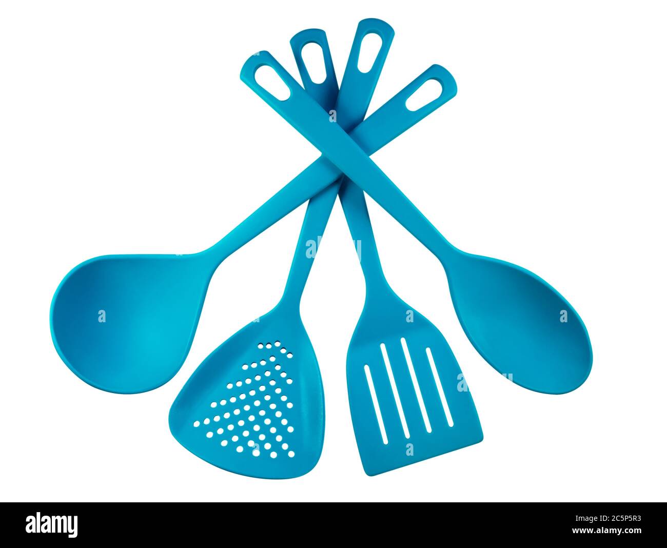 Light blue plastic kitchen utensils isolated on white. Clipping path ...