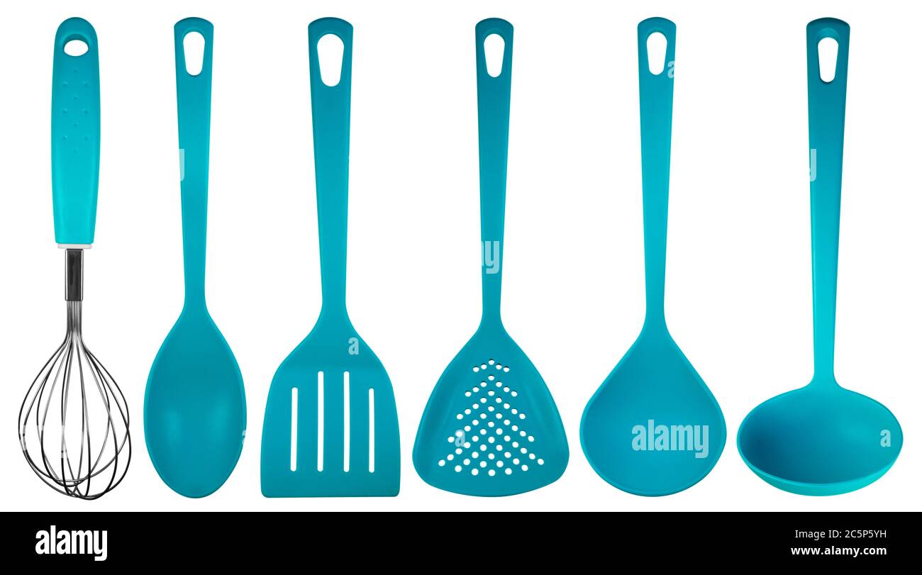 Light blue plastic kitchen utensils isolated on white. Clipping path ...