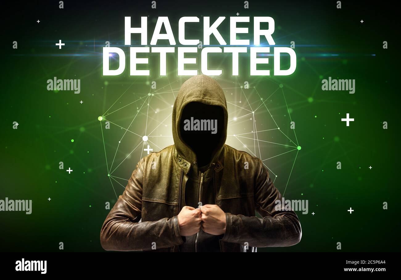 Mysterious hacker with HACKER DETECTED inscription, online attack ...
