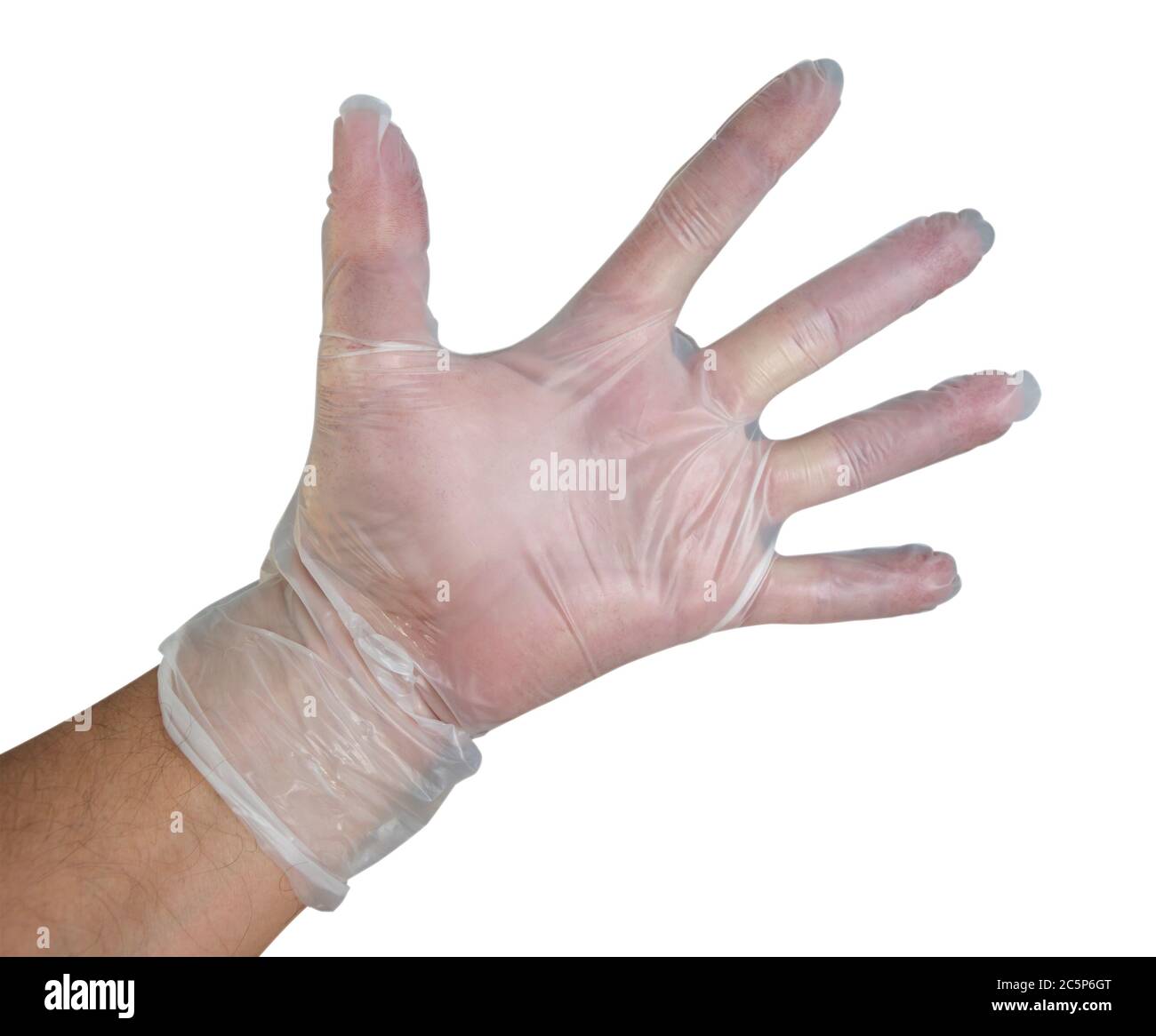 Man's hand into disposable plastic glove isolated on white. Clipping ...