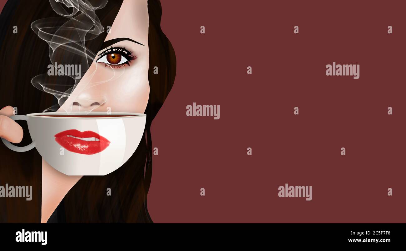 A young woman is about to take a sip of coffee or tea from a cup with ...