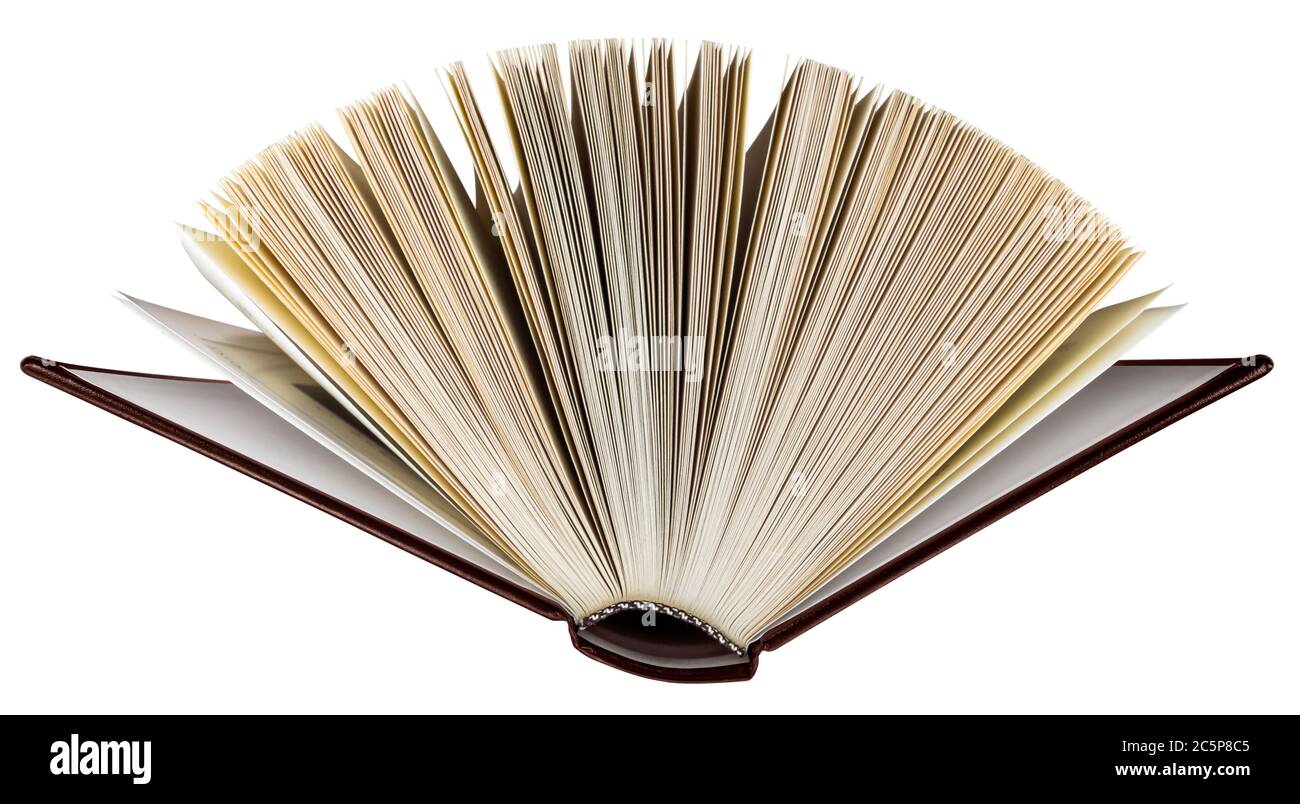 Open brown book isolated on white background with clipping path for ...