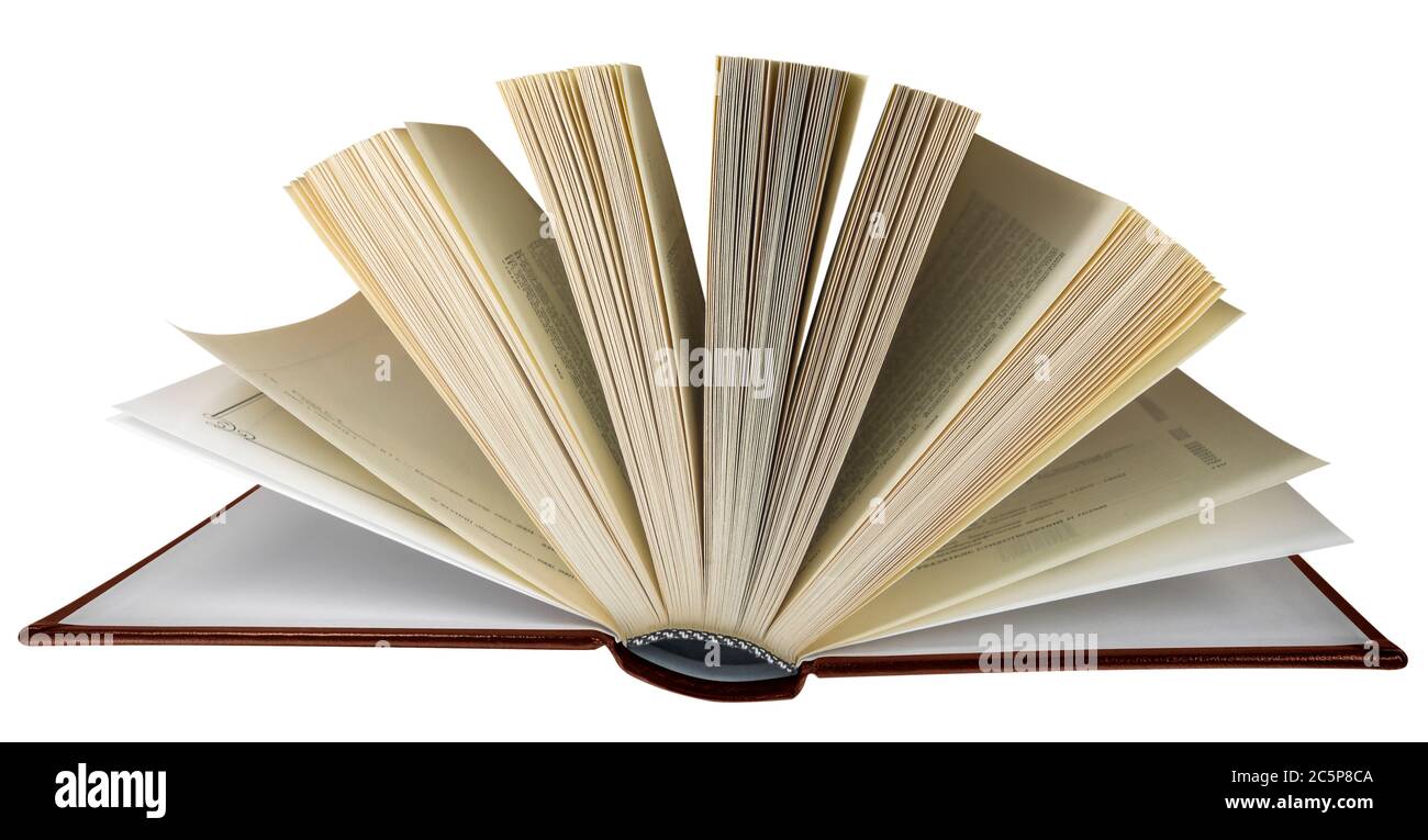 Open brown book isolated on white background with clipping path for ...