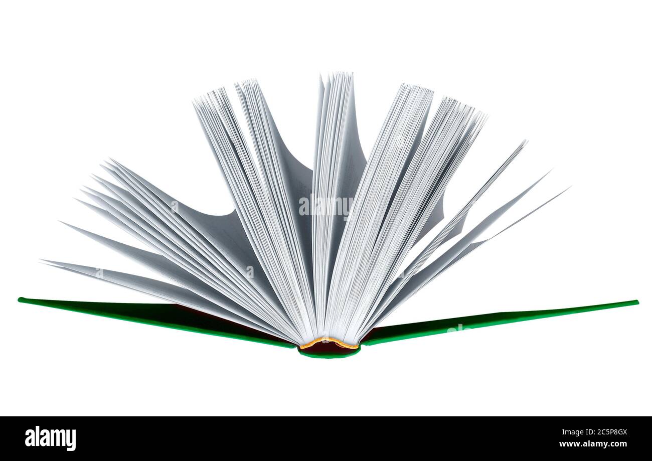 Open green book isolated on white background with clipping path for ...
