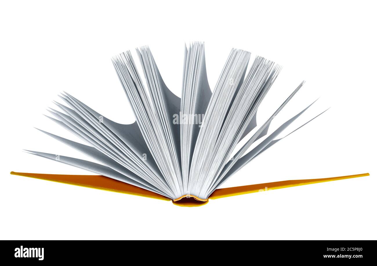 Open yellow book isolated on white background with clipping path for ...