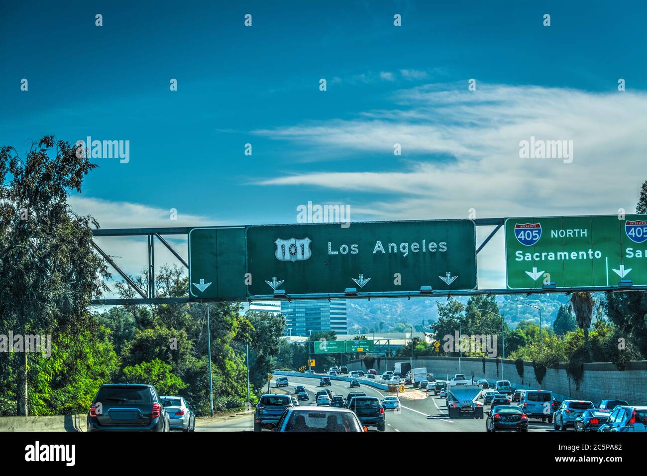 Traffic on 101 Hollywood freeway in Los Angeles. Southern California ...