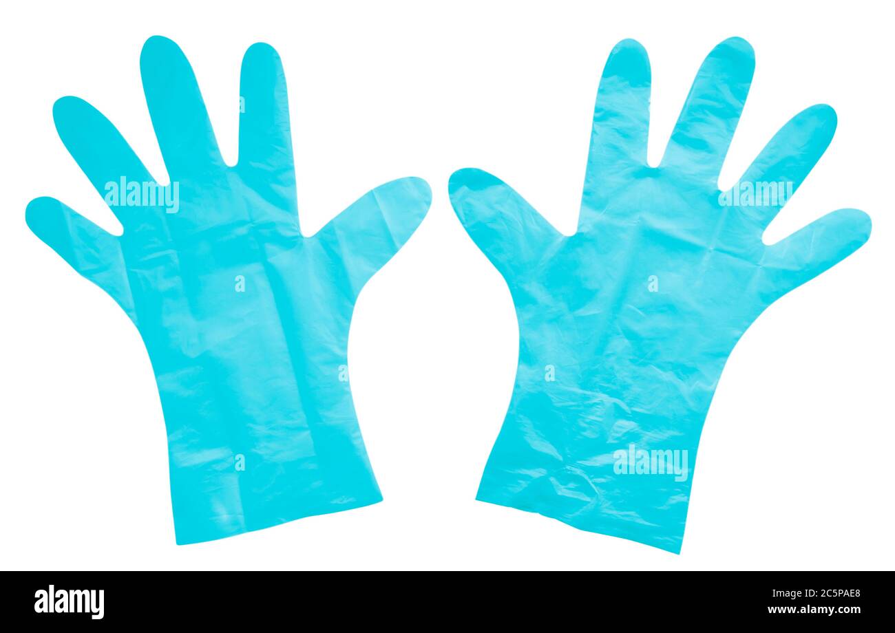 Disposable light blue plastic gloves isolated on white. Clipping path ...